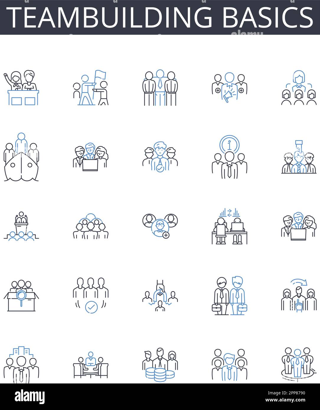 Teambuilding basics line icons collection. Leadership essentials, Communication skills, Conflict ...