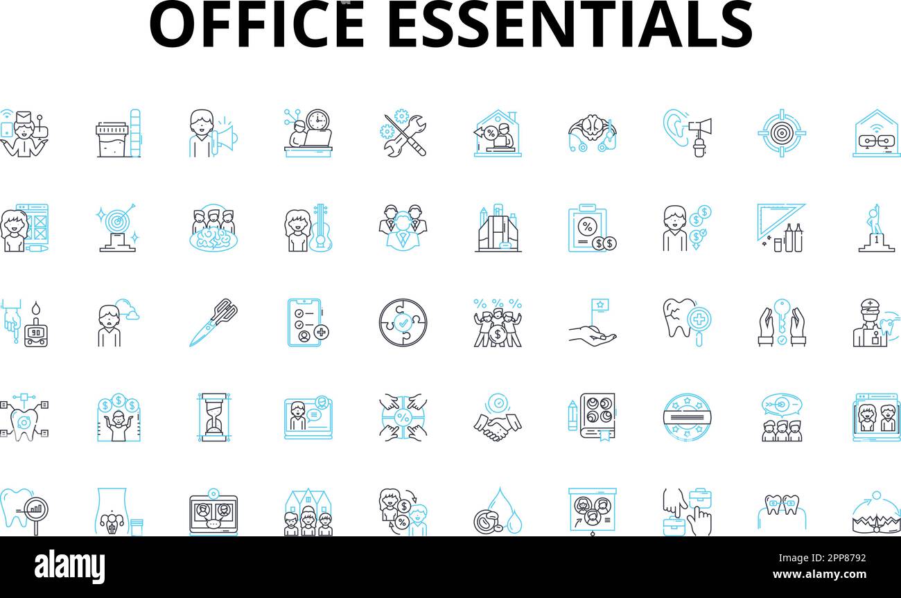 Office essentials linear icons set. Desk, Chair, Computer, Pen ...