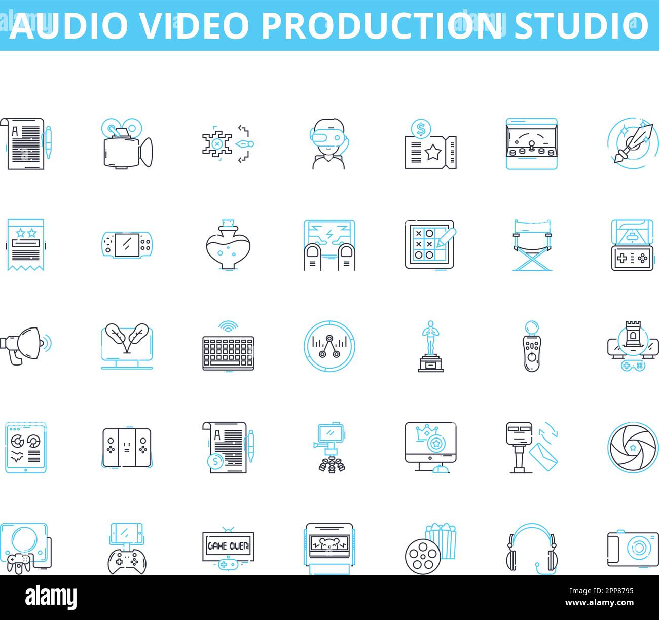 Audio video production studio linear icons set. Recording, Sound ...