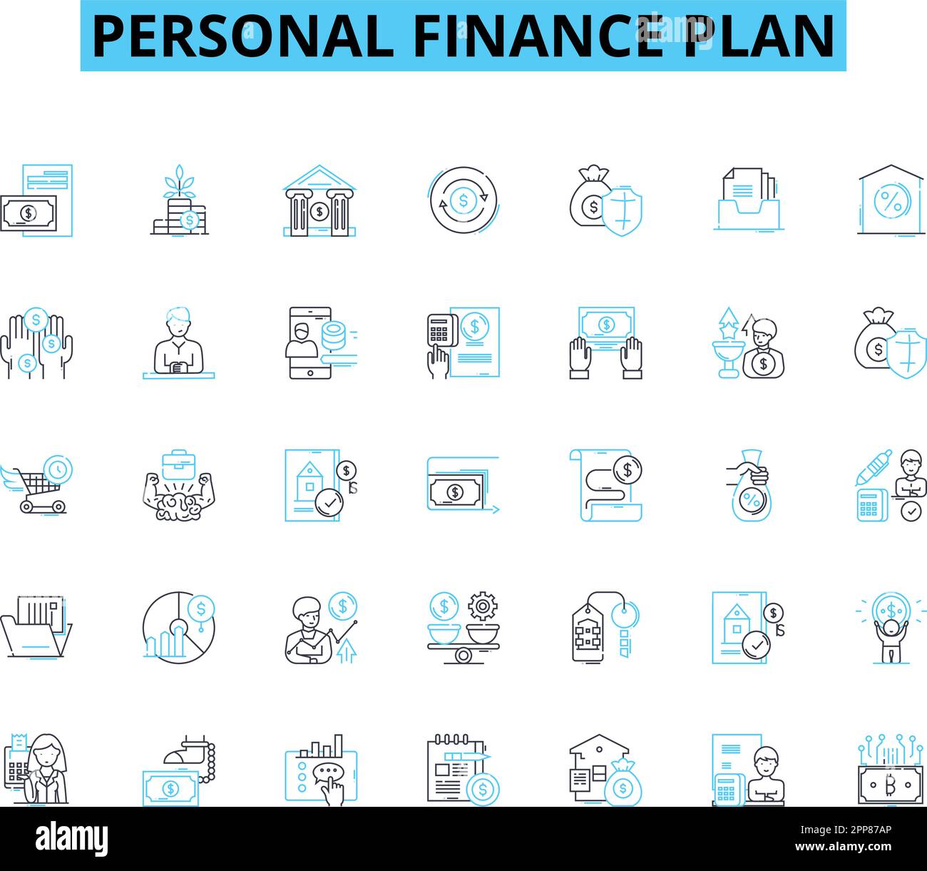 Personal finance plan linear icons set. Budgeting, Savings, Investment ...