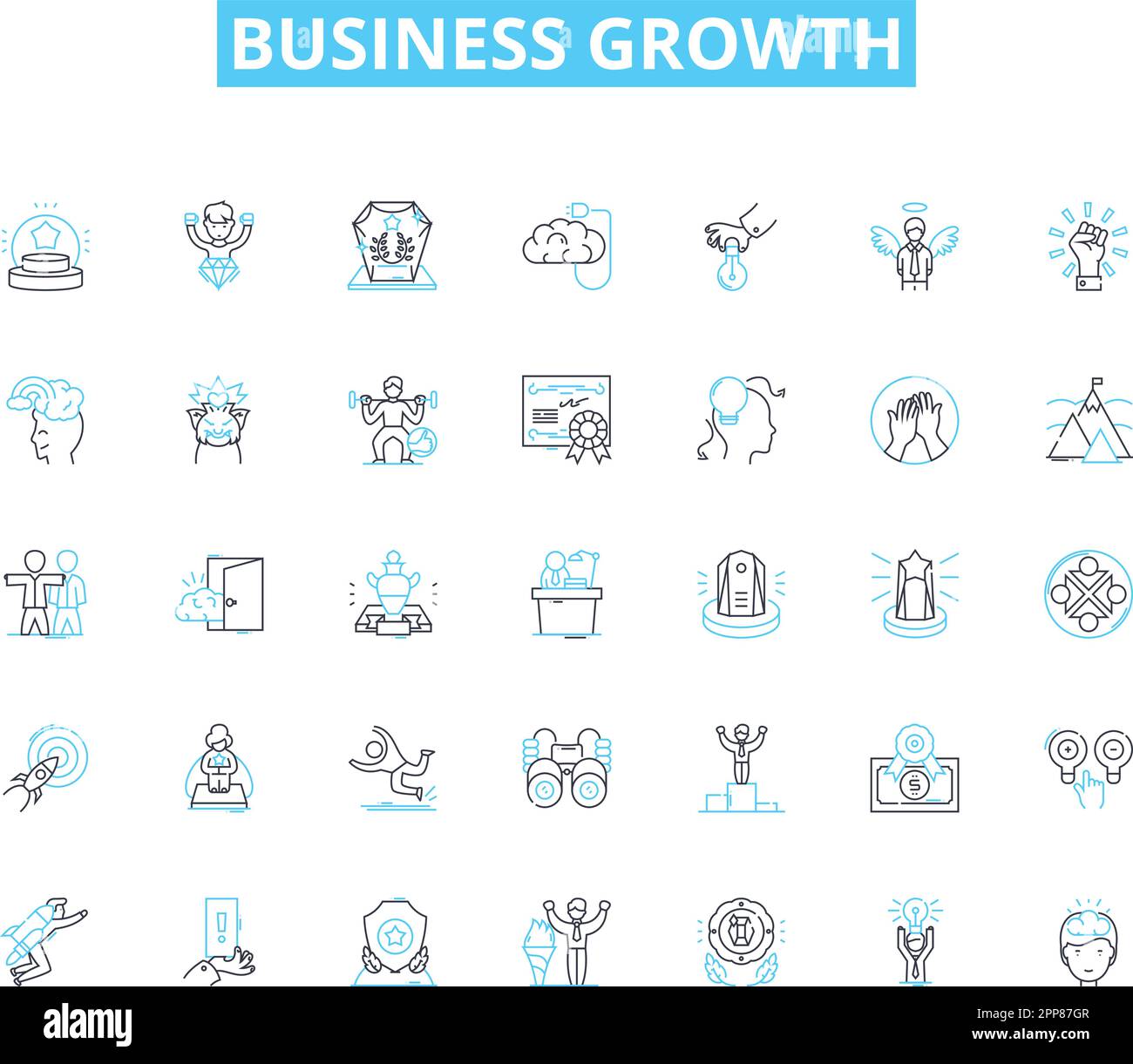 Business growth linear icons set. Expansion, Scalability, Development, Diversification ...