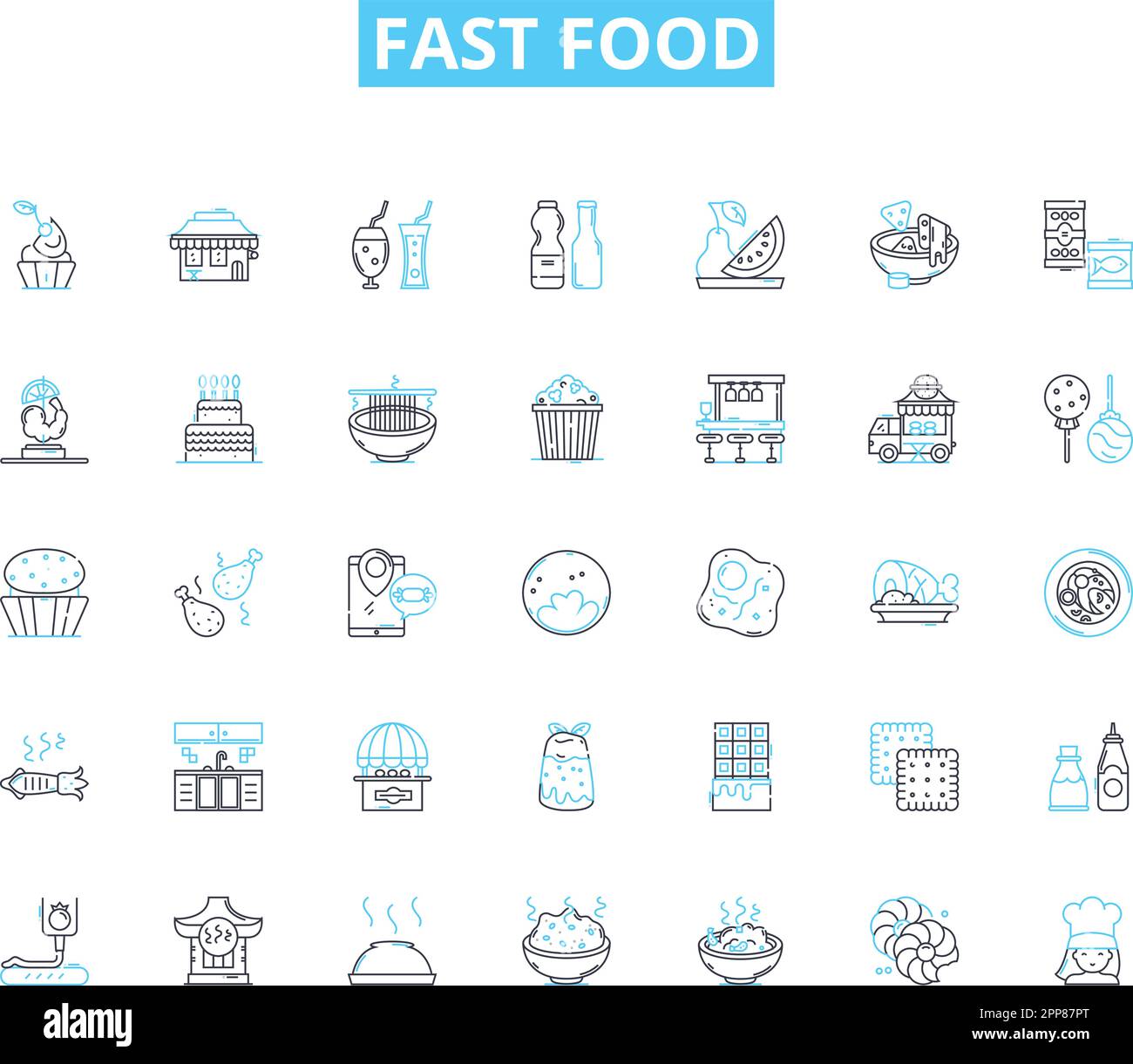 Fast food linear icons set. Burgers, Fries, Nuggets, Wings, Pizza ...