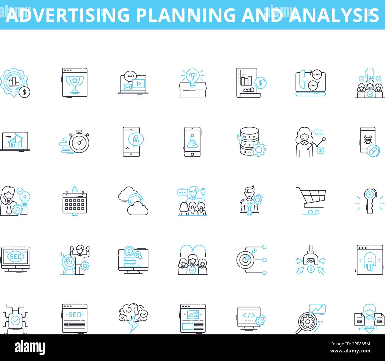 Advertising planning and analysis linear icons set. Strategy, Targeting ...