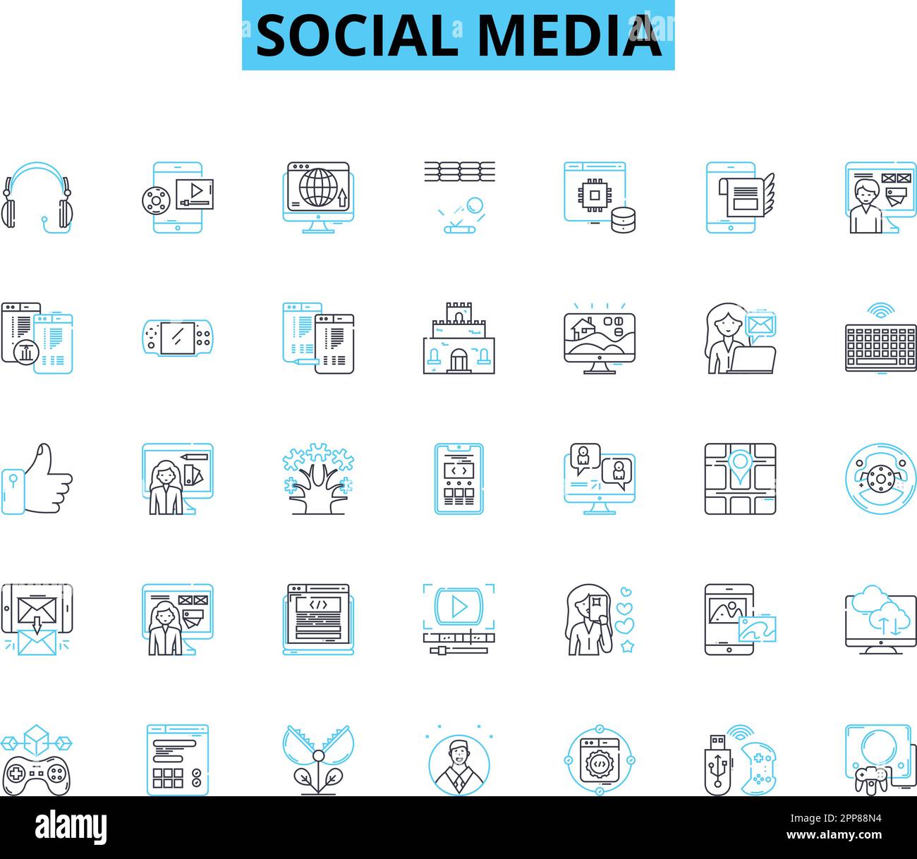 social media linear icons set. Innovation, Sharing, Virality, Nerking, Connection, Community ...