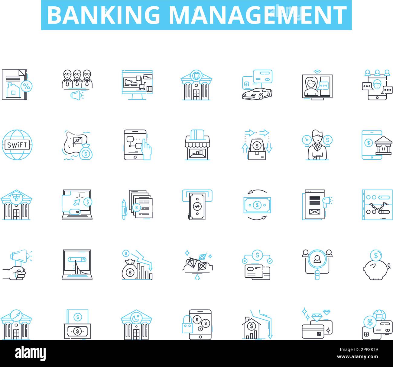 Banking management linear icons set. Funds, Loans, Investments ...