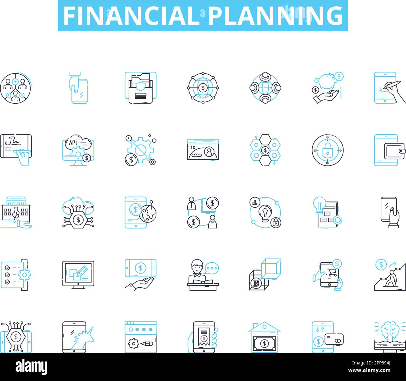 financial planning linear icons set. Budgeting, Investing, Retirement ...