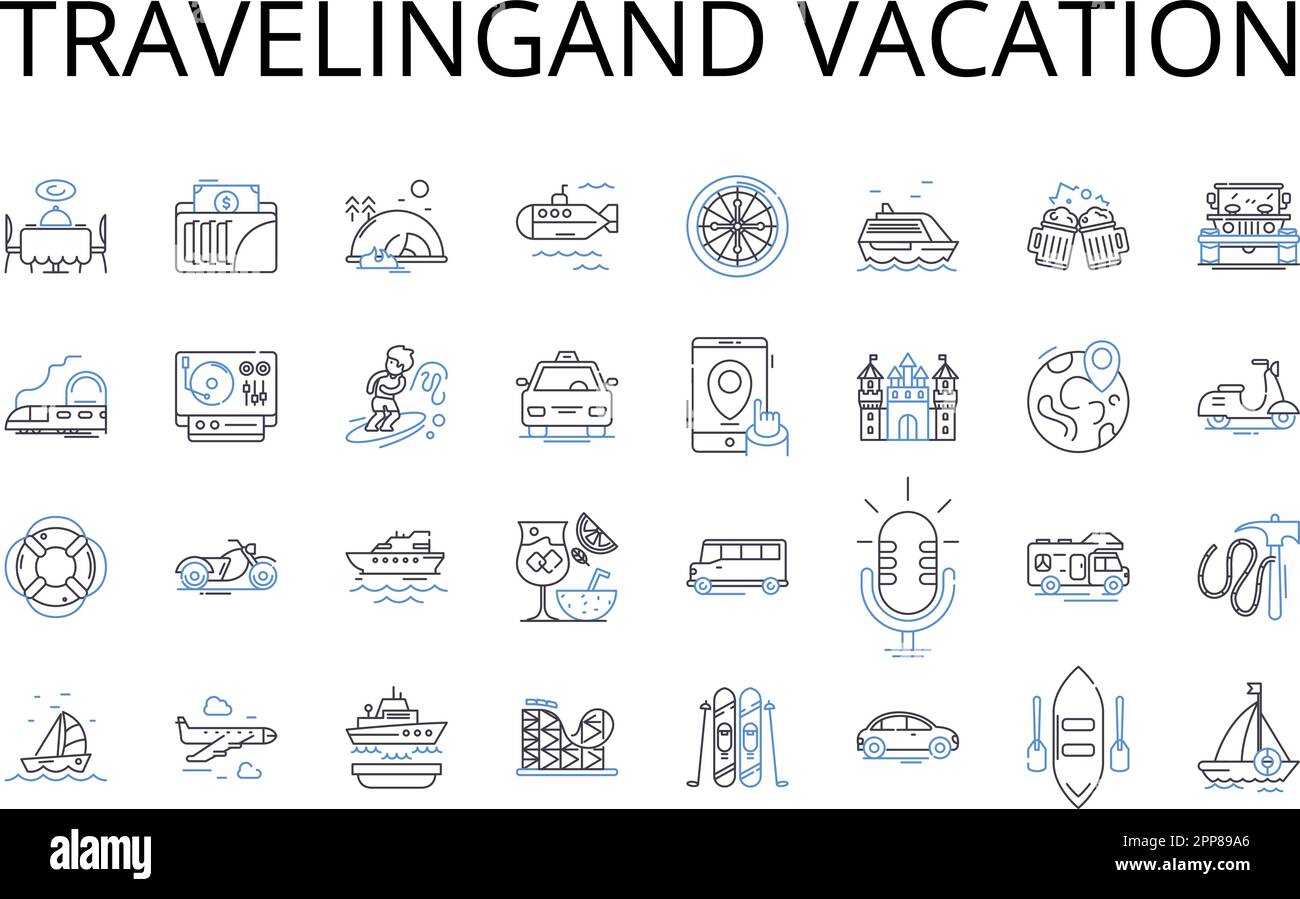 Travelingand vacation line icons collection. Journeying, Roaming ...