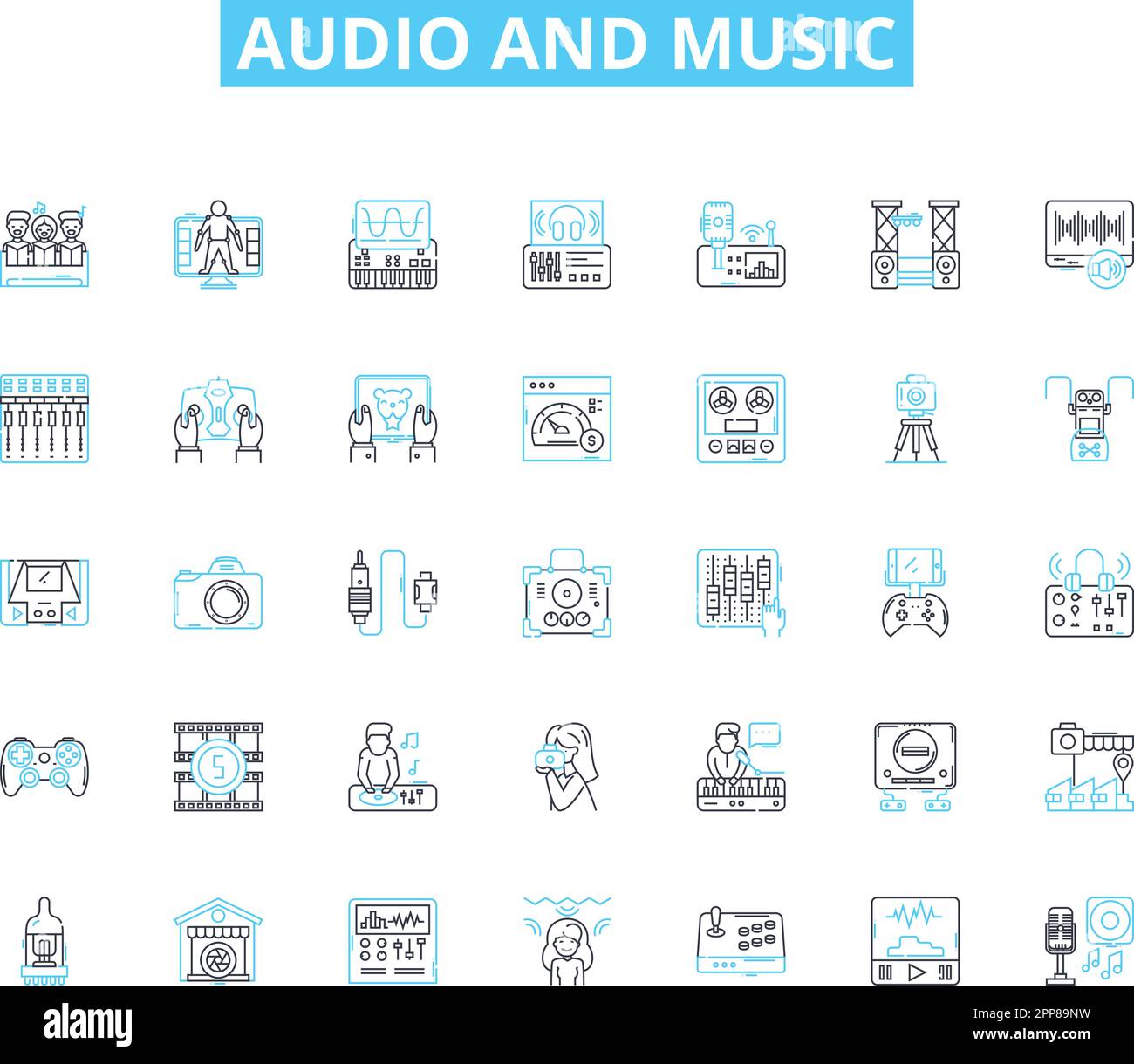 Audio and music linear icons set. Melody, Rhythm, Harmony, Tempo, Beat ...