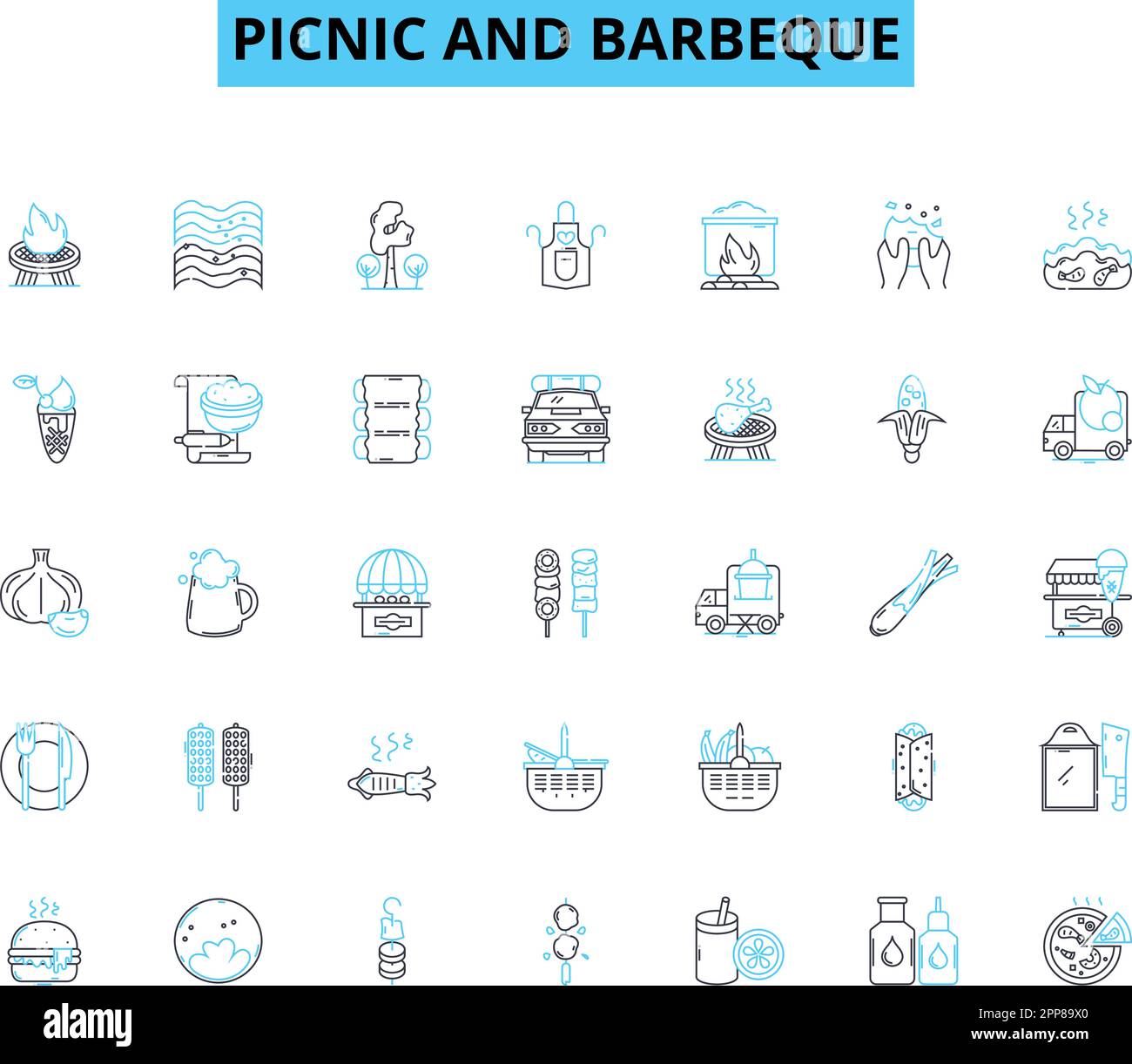 Picnic and barbeque linear icons set. Sizzling, Outdoorsy, Chill, Smoky ...