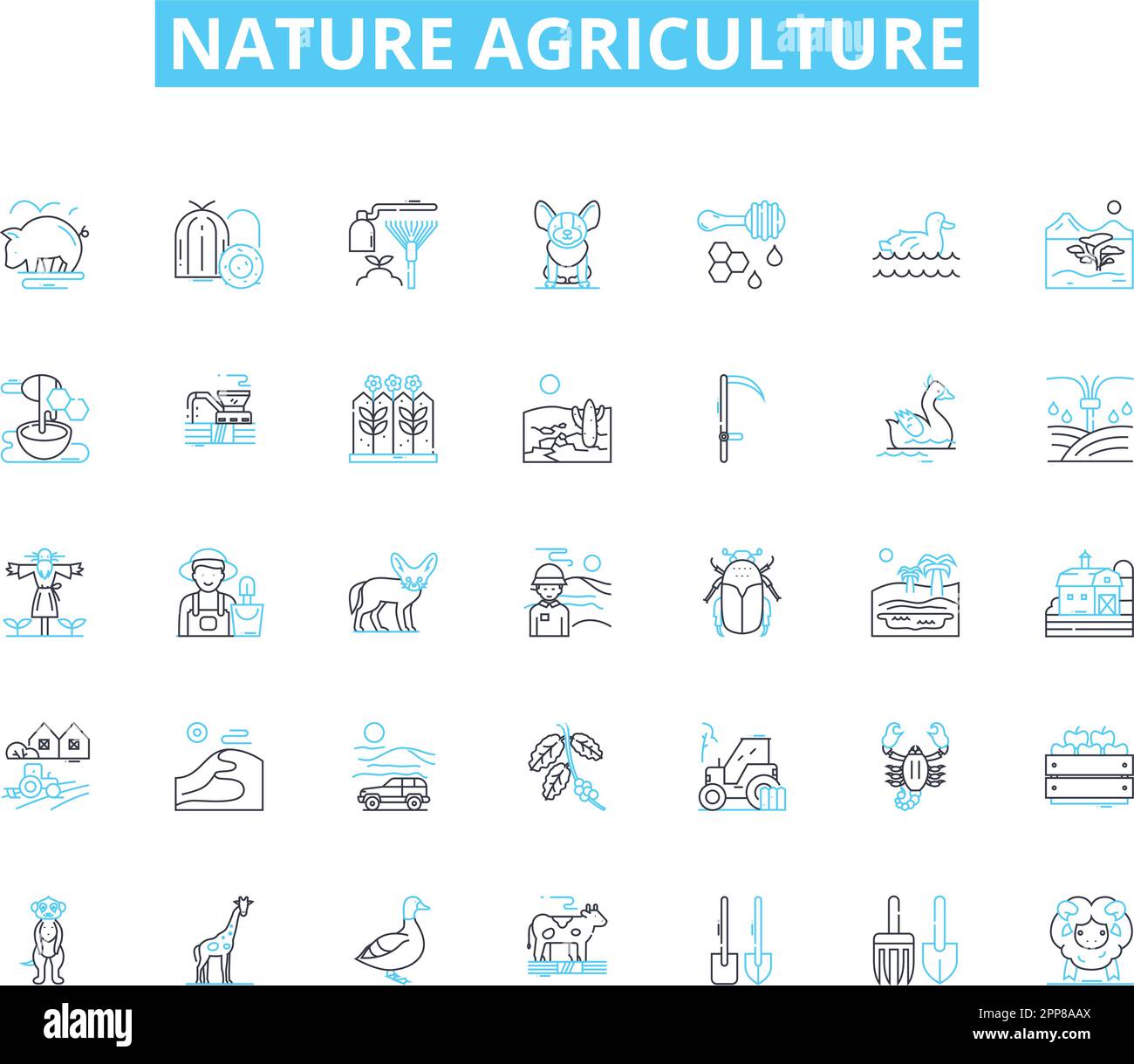 Nature agriculture linear icons set. Soil, Seeds, Harvest, Fertilizers ...