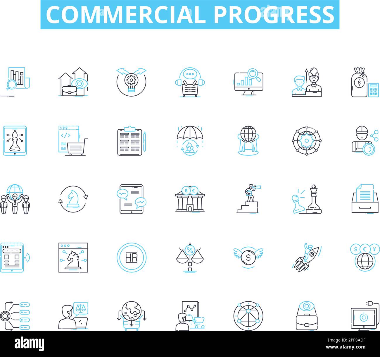 Commercial progress linear icons set. Advancement, Efficiency, Innovation, Growth, Expansion ...