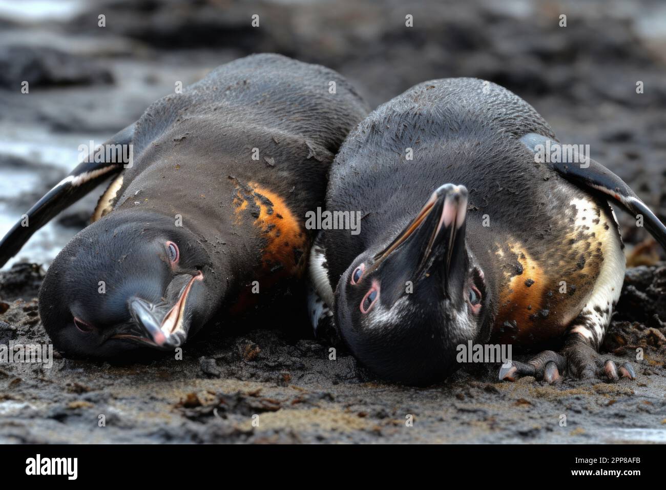 Dying penguins whose wings are smeared in fuel oil on the seashore ...