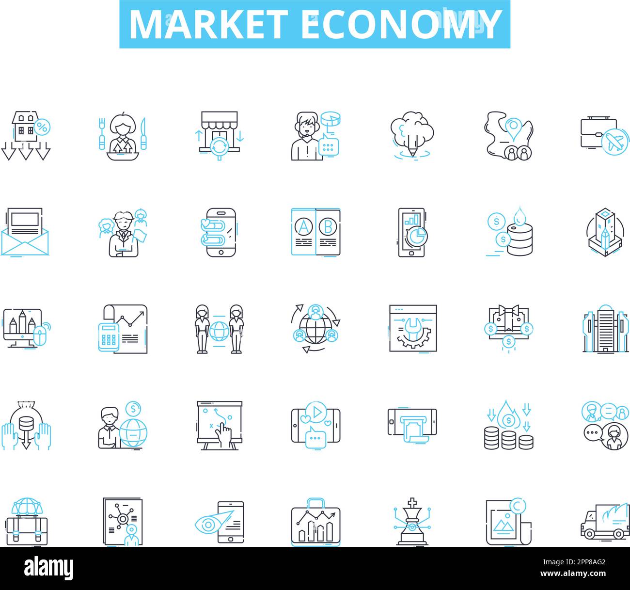 Market economy linear icons set. Profit, Competition, Demand, Supply ...