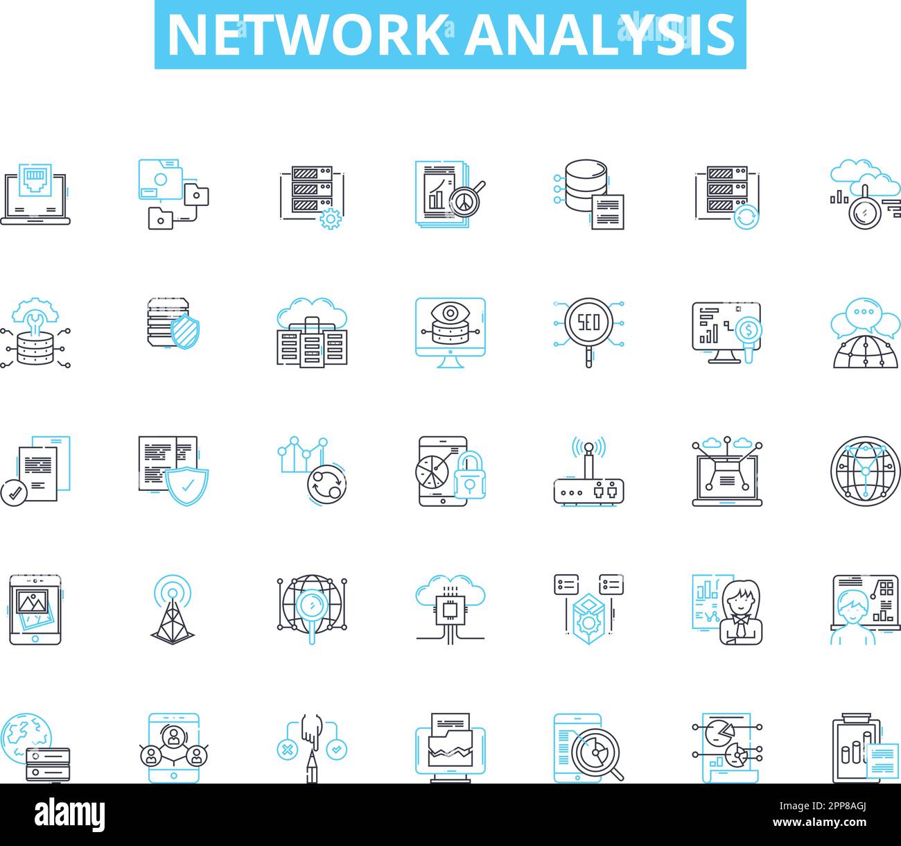 Network analysis linear icons set. Graph, Nodes, Edges, Centrality ...