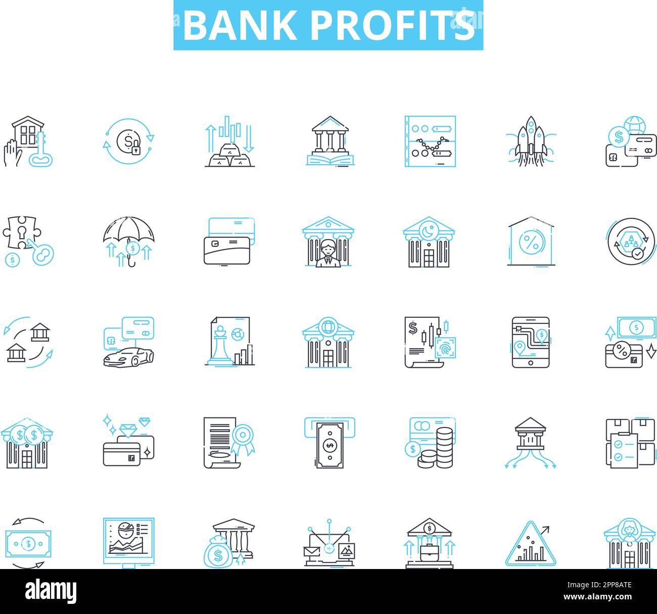 Bank profits linear icons set. Revenue, Earnings, Income, Gain, Surplus ...