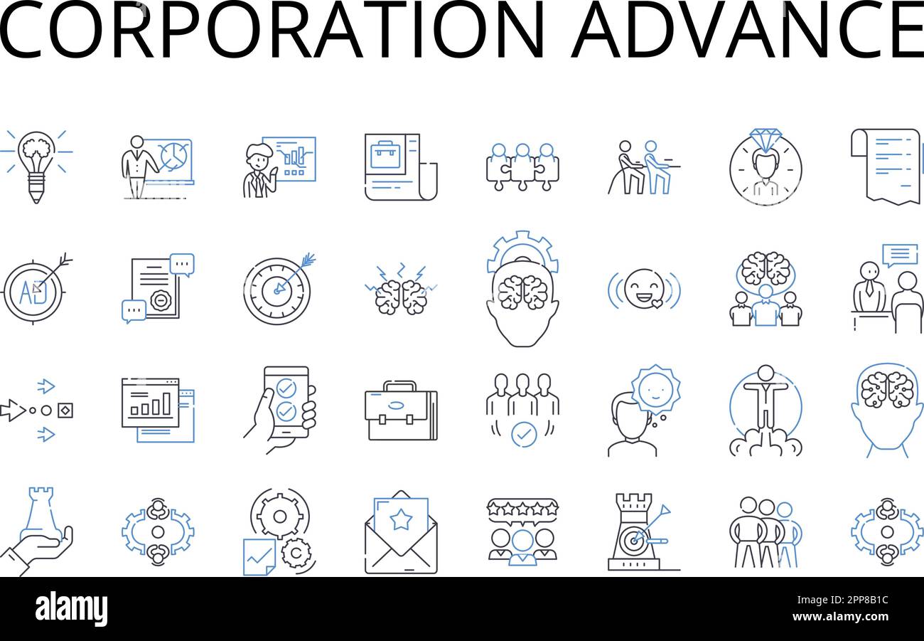 Corporation advance line icons collection. Company boost, Agency progress, Organization ...