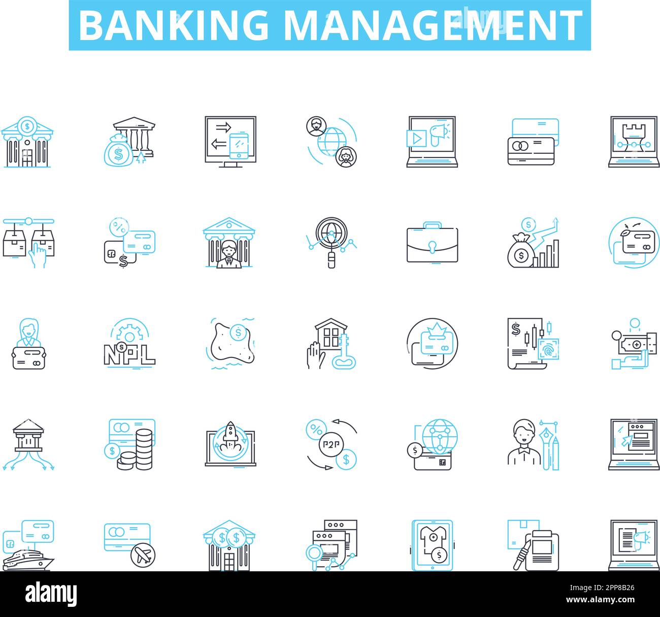 Banking management linear icons set. Funds, Loans, Investments ...