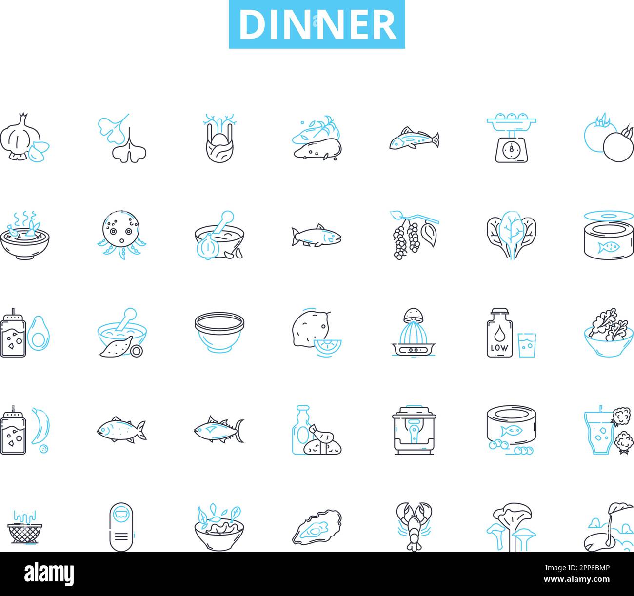 Dinner linear icons set. Feast, Plate, Meal, Dine, Cuisine, Supper, Eat line vector and concept ...