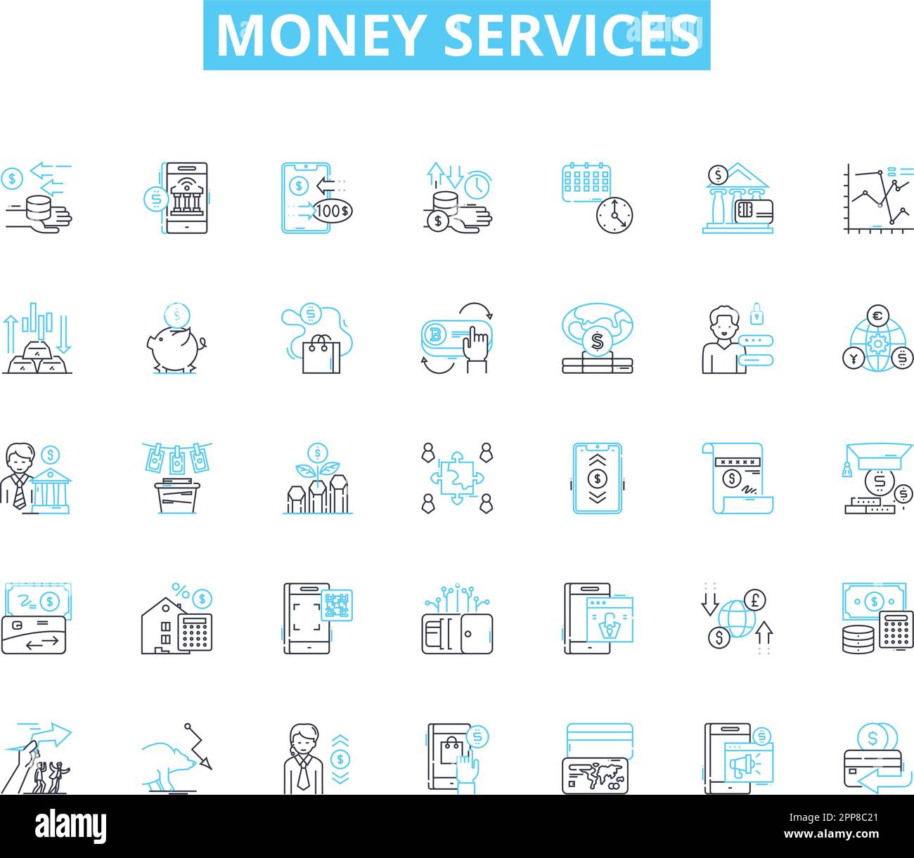 Money services linear icons set. Banking, Checking, Saving, Investing ...