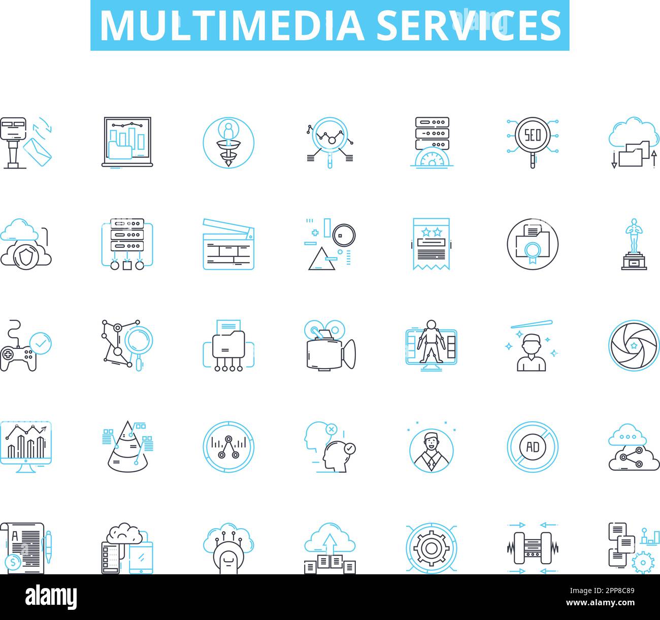 multimedia services linear icons set. Animation, Audio, Branding, Cinematography, Content ...