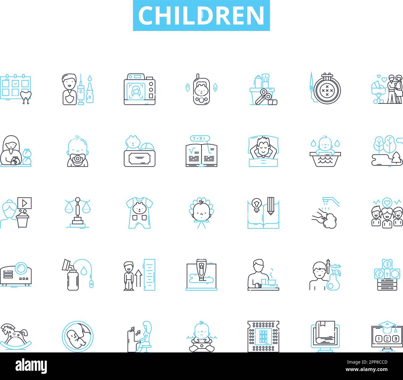 Children linear icons set. Playful, Innocent, Creative, Curious ...