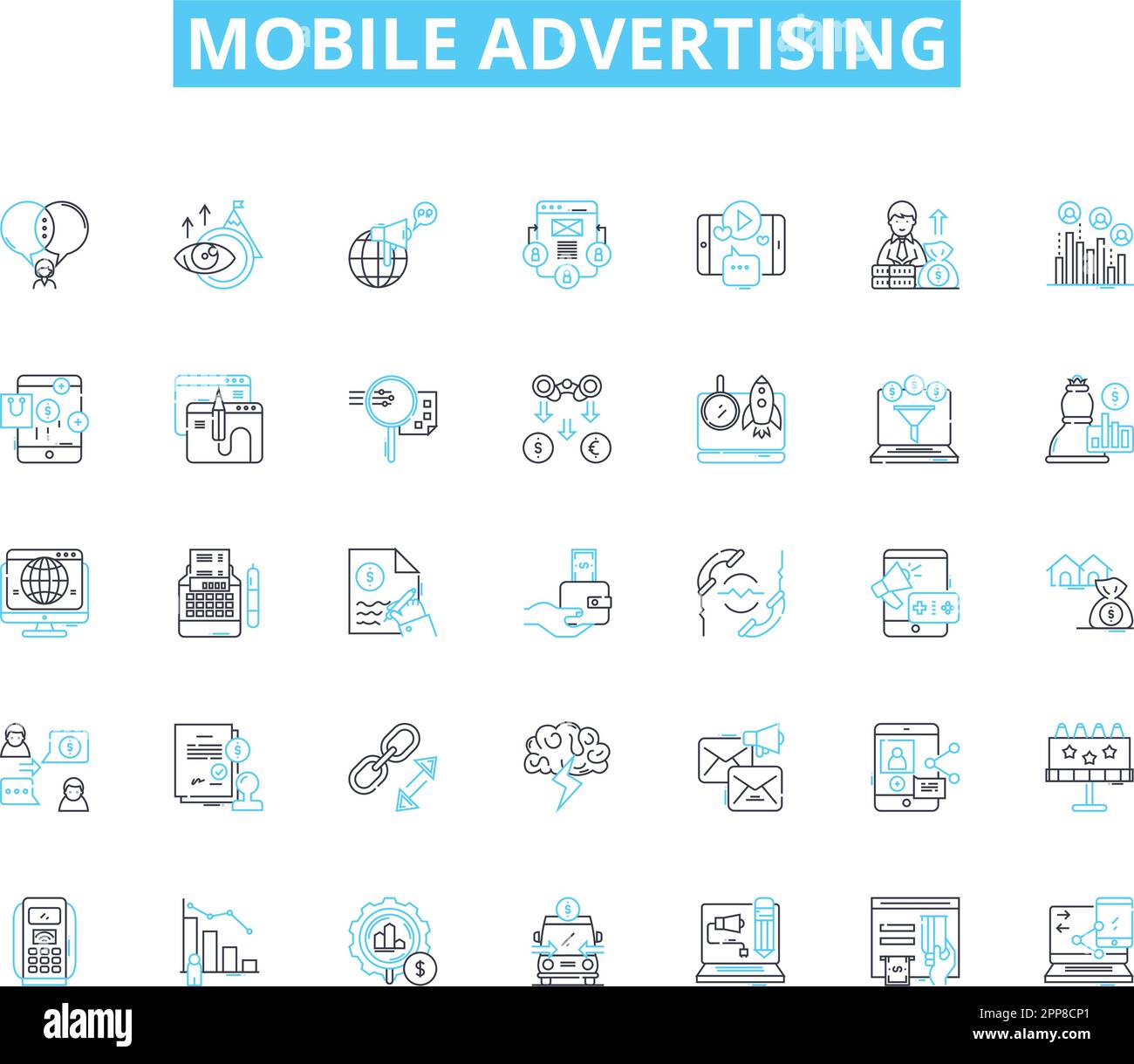 Mobile advertising linear icons set. Impressions, Clicks, Conversions ...