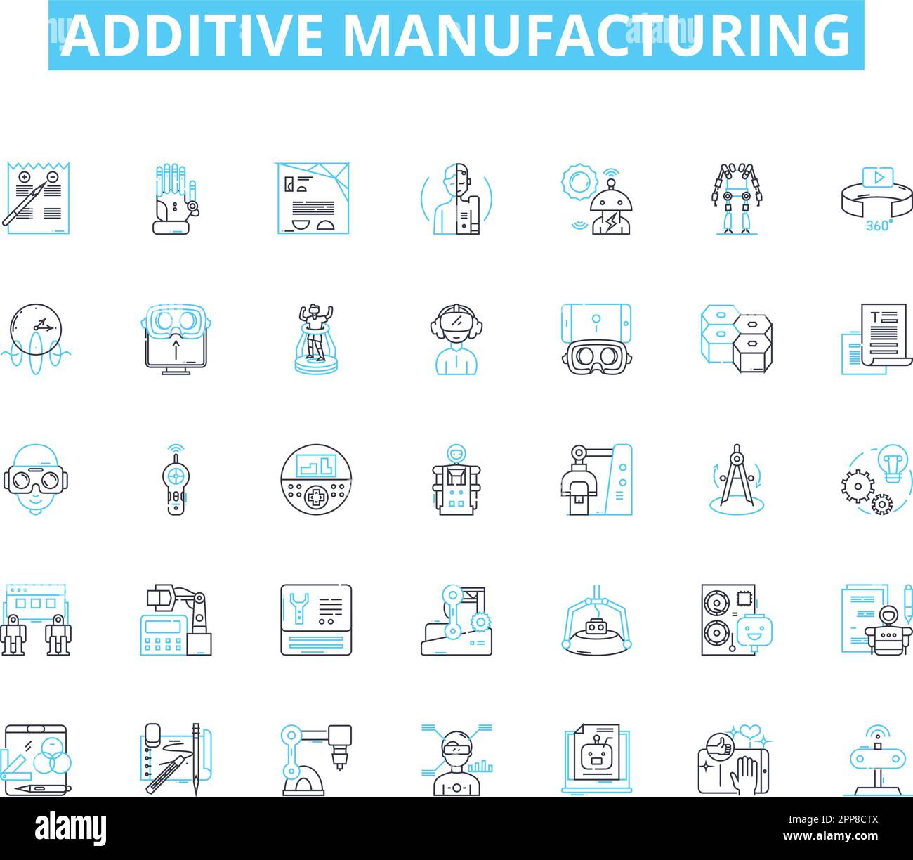 Additive manufacturing linear icons set. D printing, Layering, Polymerization, Filament, Resin ...