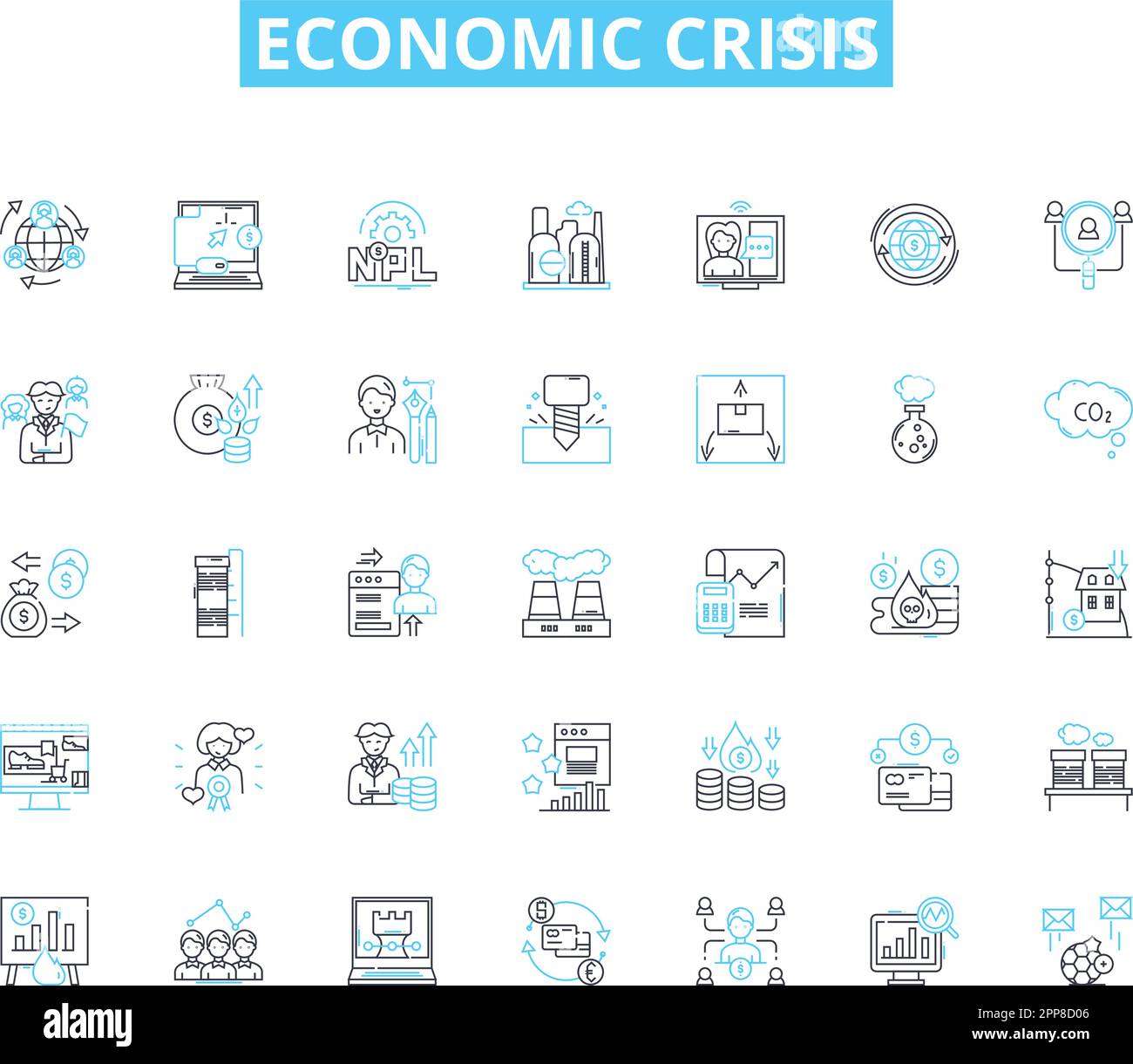 Economic crisis linear icons set. Recession, Depression, Inflation ...