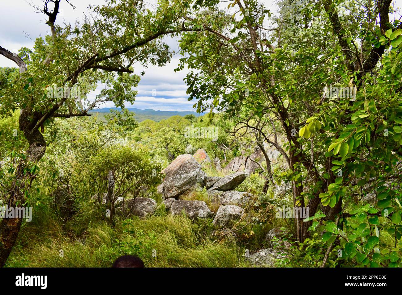 Landscape view from the Matopos Hills in Zimbabwe through natural arch ...