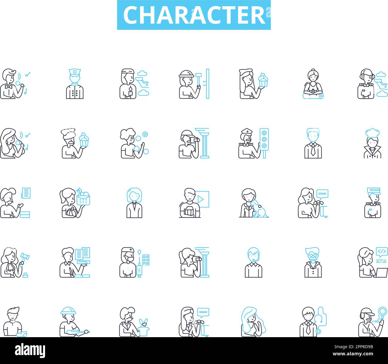 Character linear icons set. Personality, Traits, Unique, Mannerisms, Behavior, Disposition ...