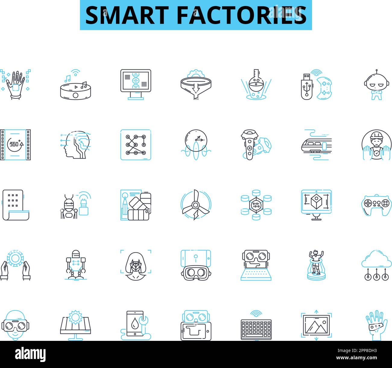 Smart factories linear icons set. Automation, Robotics, Efficiency, Innovation, Integration ...