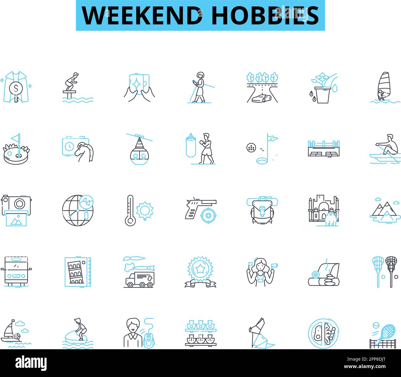 Weekend hobbies linear icons set. Biking, Cooking, Dancing, Drawing, Fishing, Gardening, Hiking ...