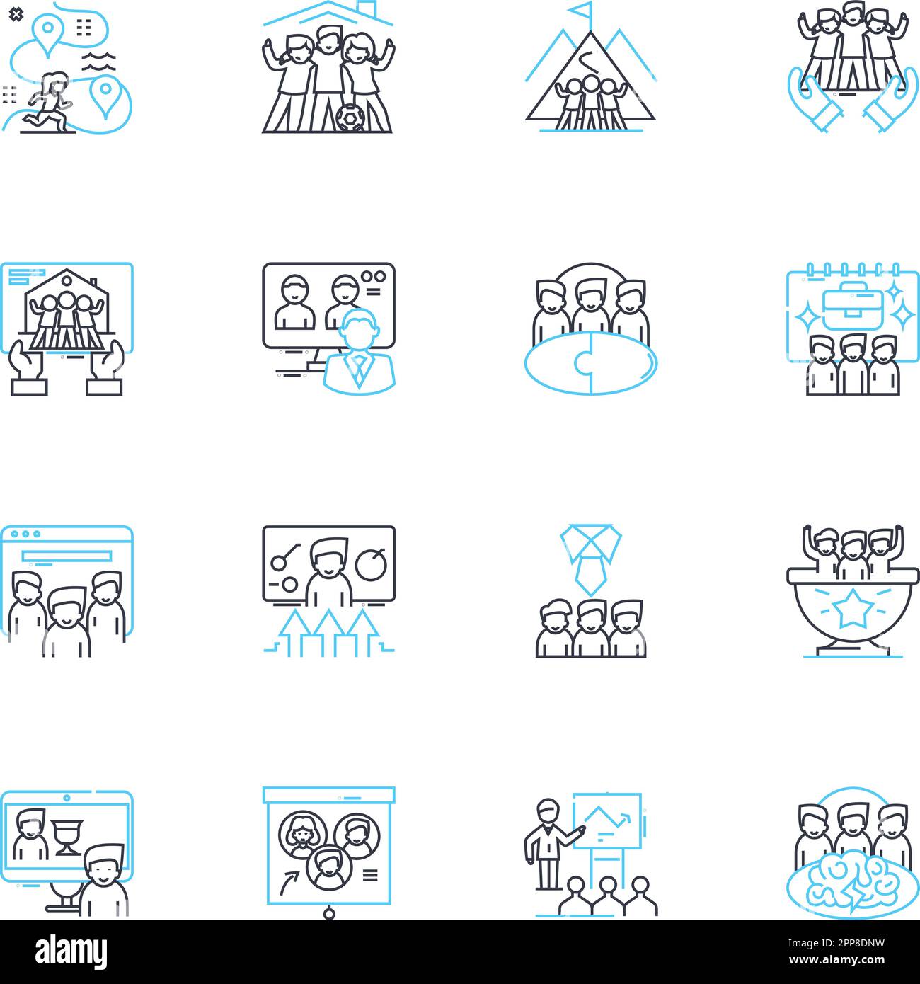 Synergy and coordination linear icons set. Collaboration, Integration, Teamwork, Harmony ...