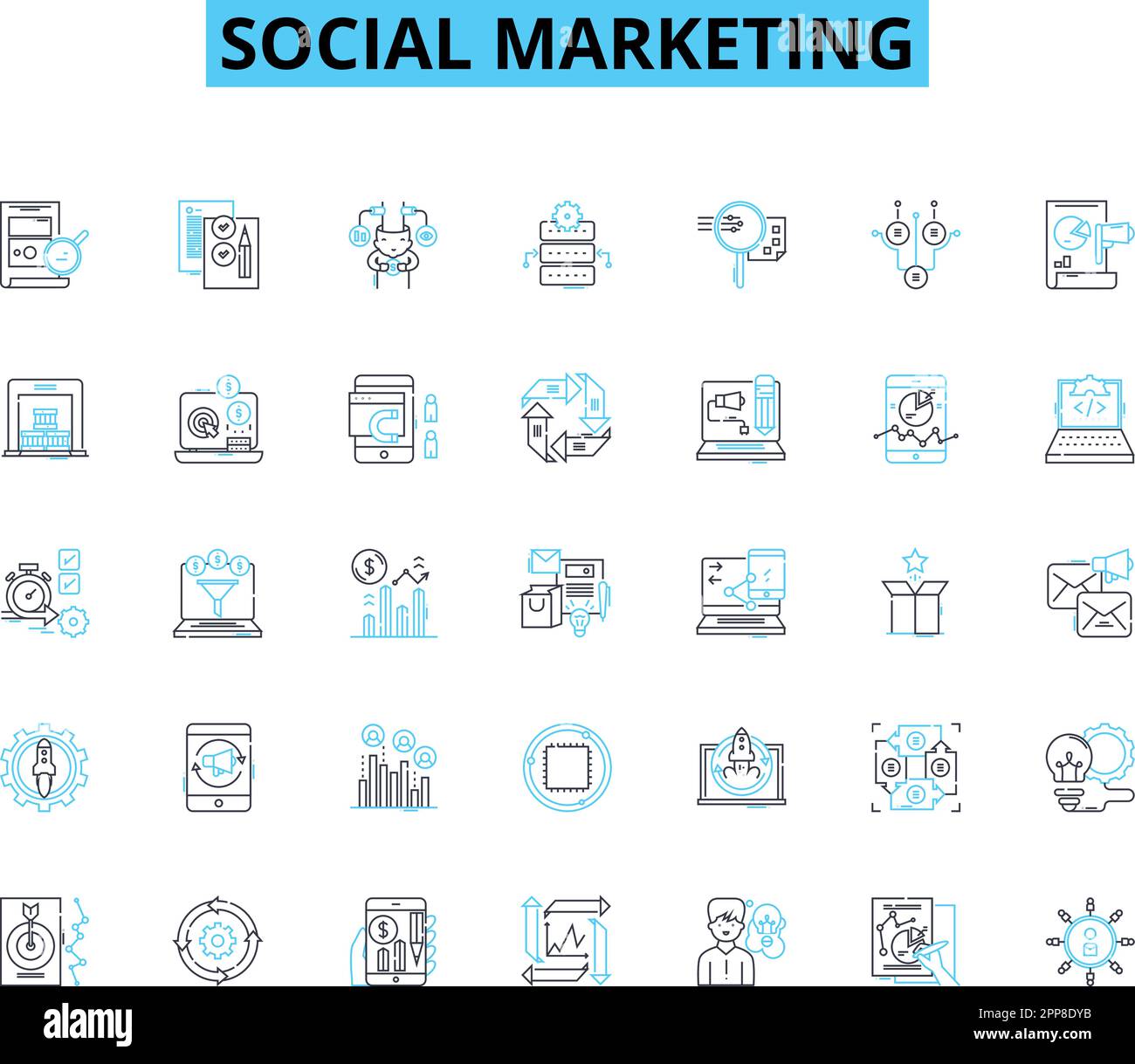 Social marketing linear icons set. Awareness, Engagement, Influence ...