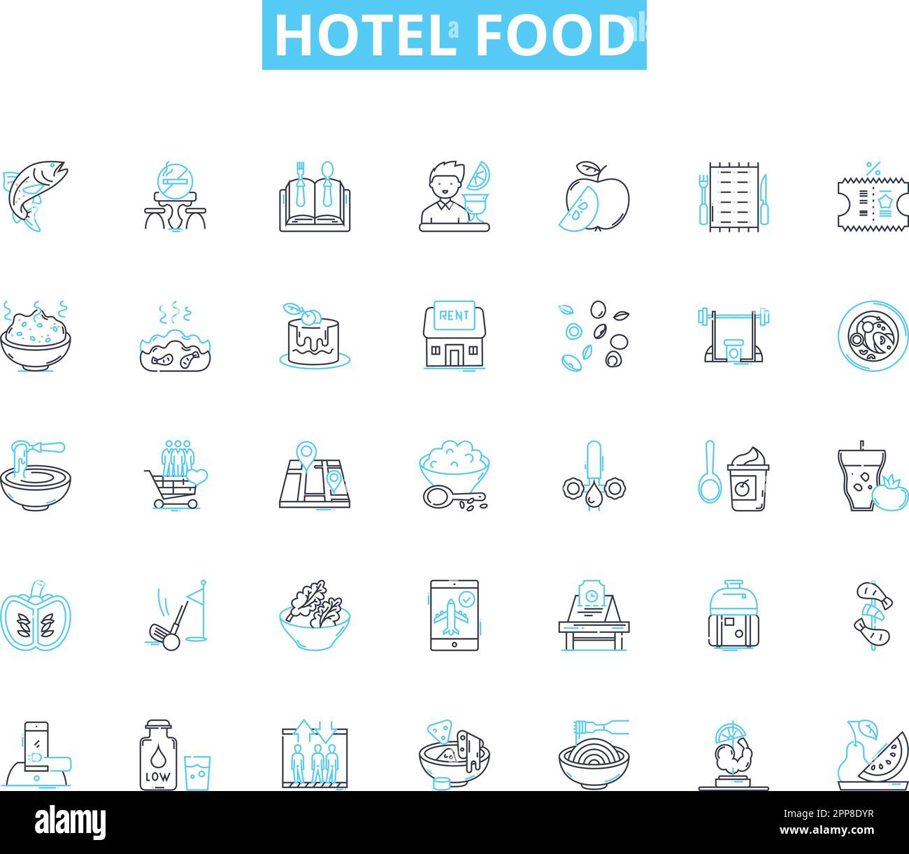 Hotel food linear icons set. Gourmet, Fusion, Buffet, Organic, Locally ...