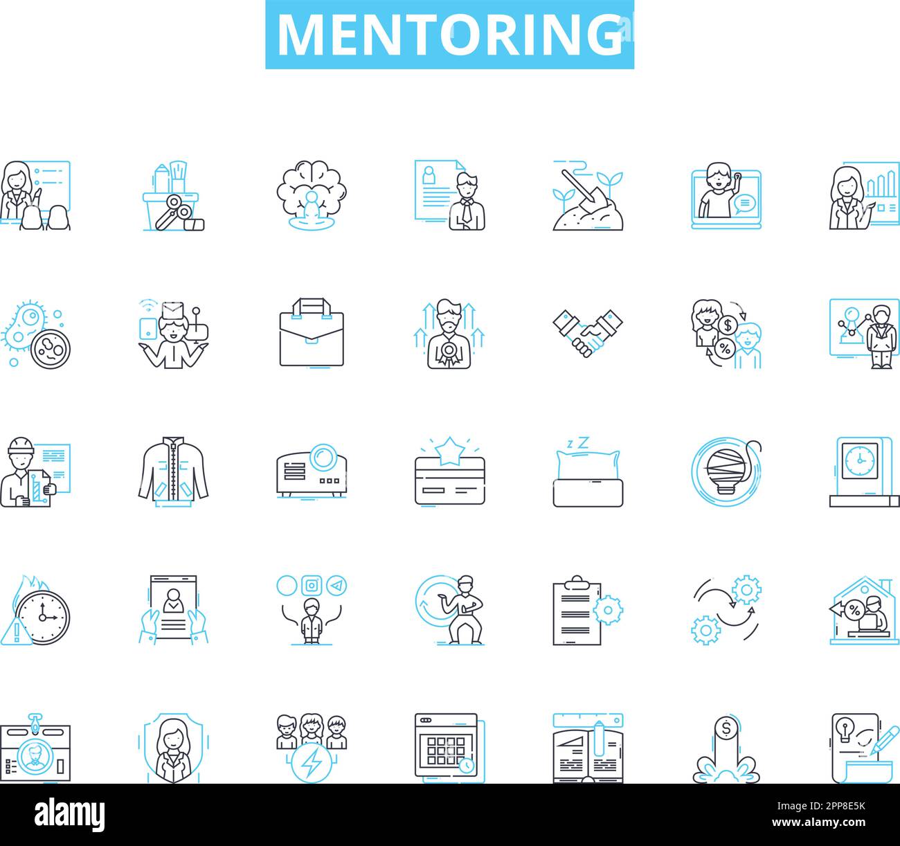 Mentoring linear icons set. Learning, Guidance, Coaching, Support, Advise, Experience, Sharing ...