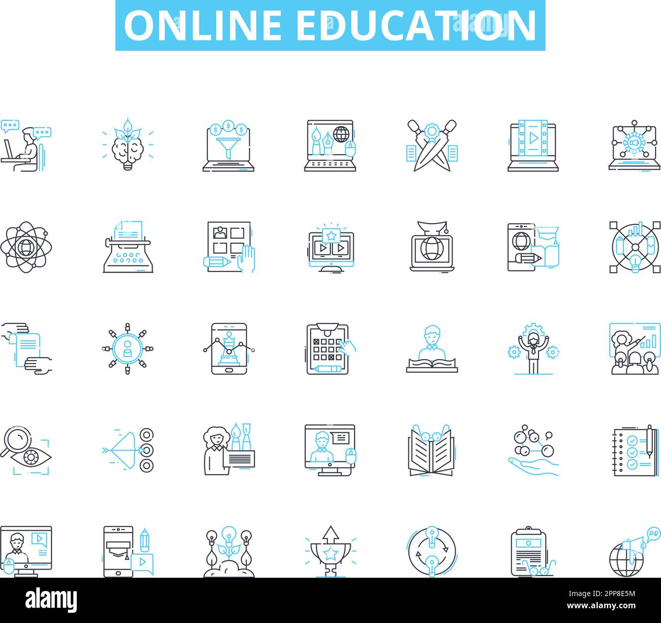 Online Education linear icons set. E-Learning, Virtual, Webinars, MOOC ...