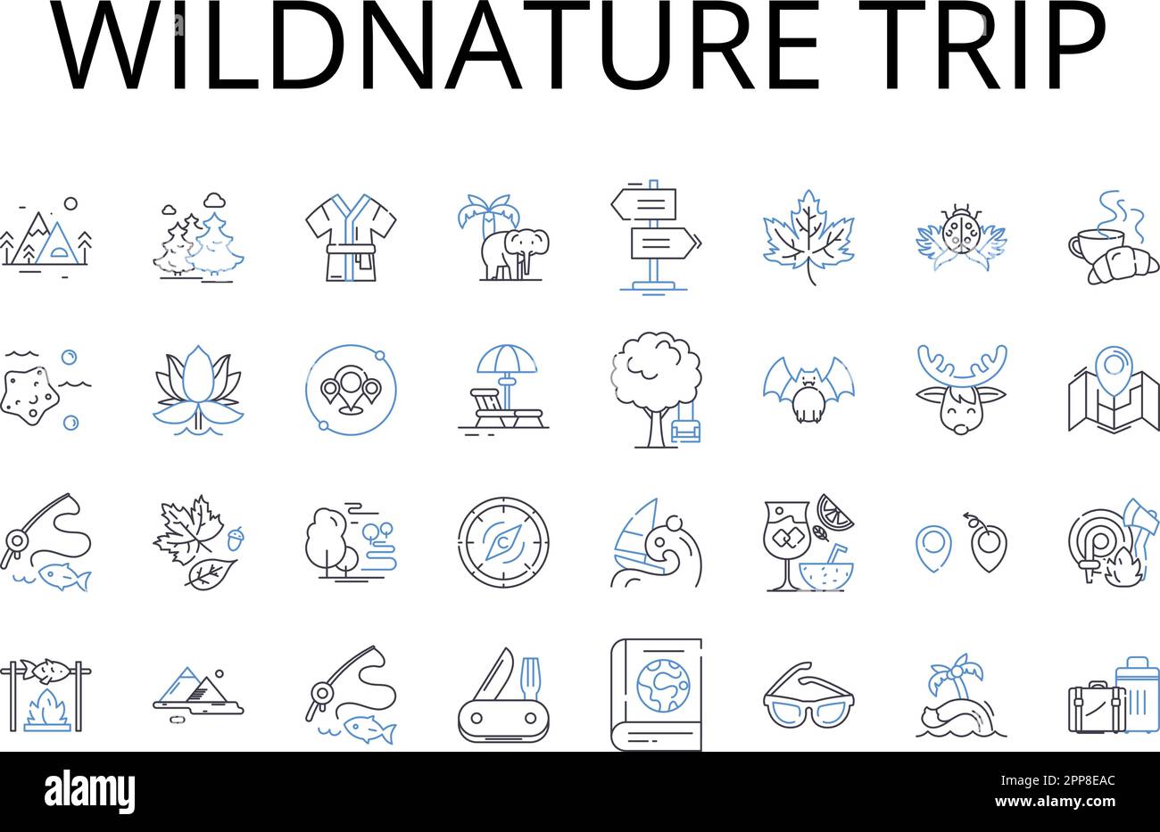 Wildnature trip line icons collection. Grand adventure, Daring endeavor ...