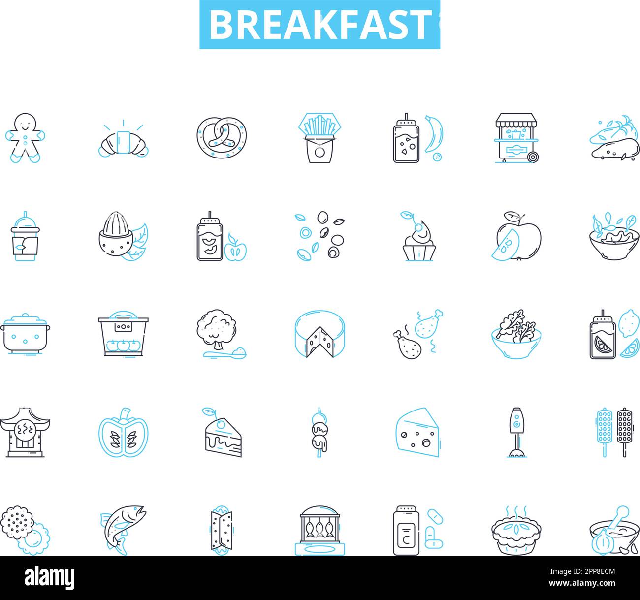 Breakfast linear icons set. Pancakes, Waffles, Omelette, Cereal, Toast, Bagel, Croissant line ...