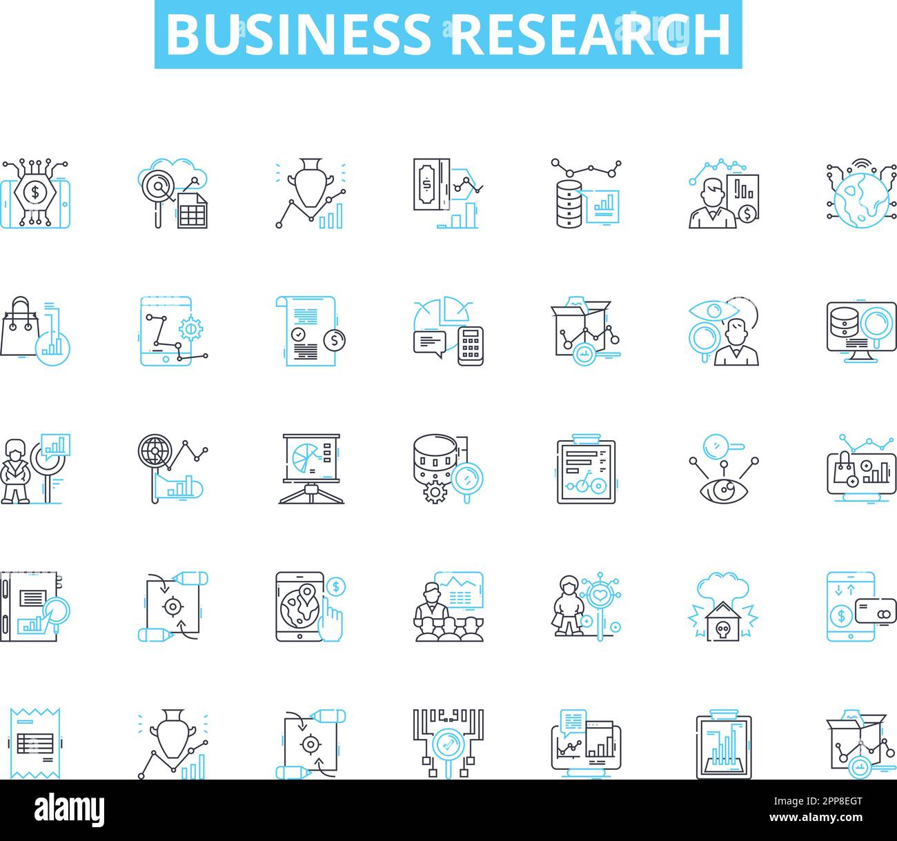 Business research linear icons set. Analysis, Trends, Insights, Survey, Data, Market, Strategy ...