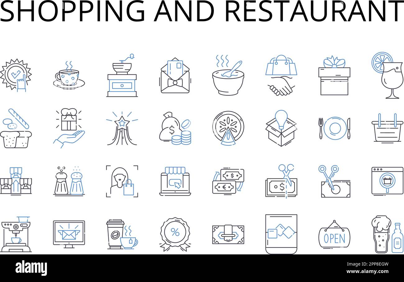 Shopping and restaurant line icons collection. Retail therapy, Eating ...