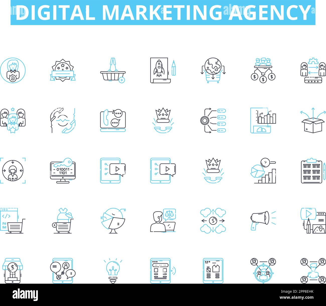 Digital marketing agency linear icons set. Strategy, Analytics, SEO ...