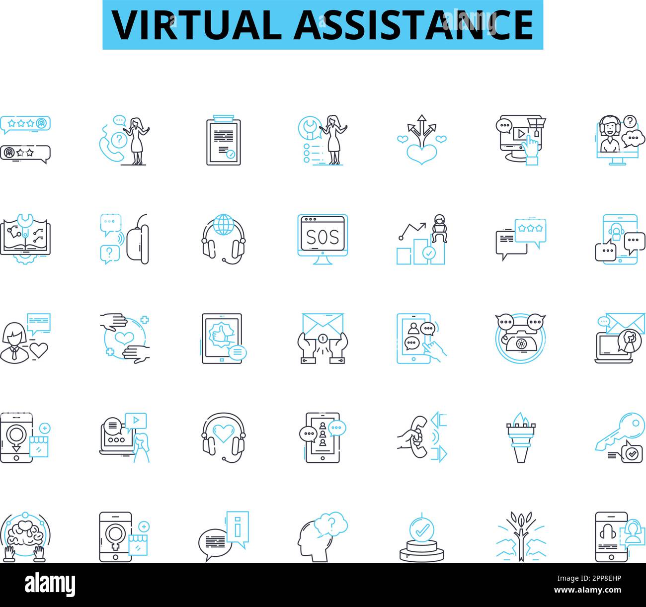 Virtual Assistance Linear Icons Set Automation Efficiency Productivity Support Solutions
