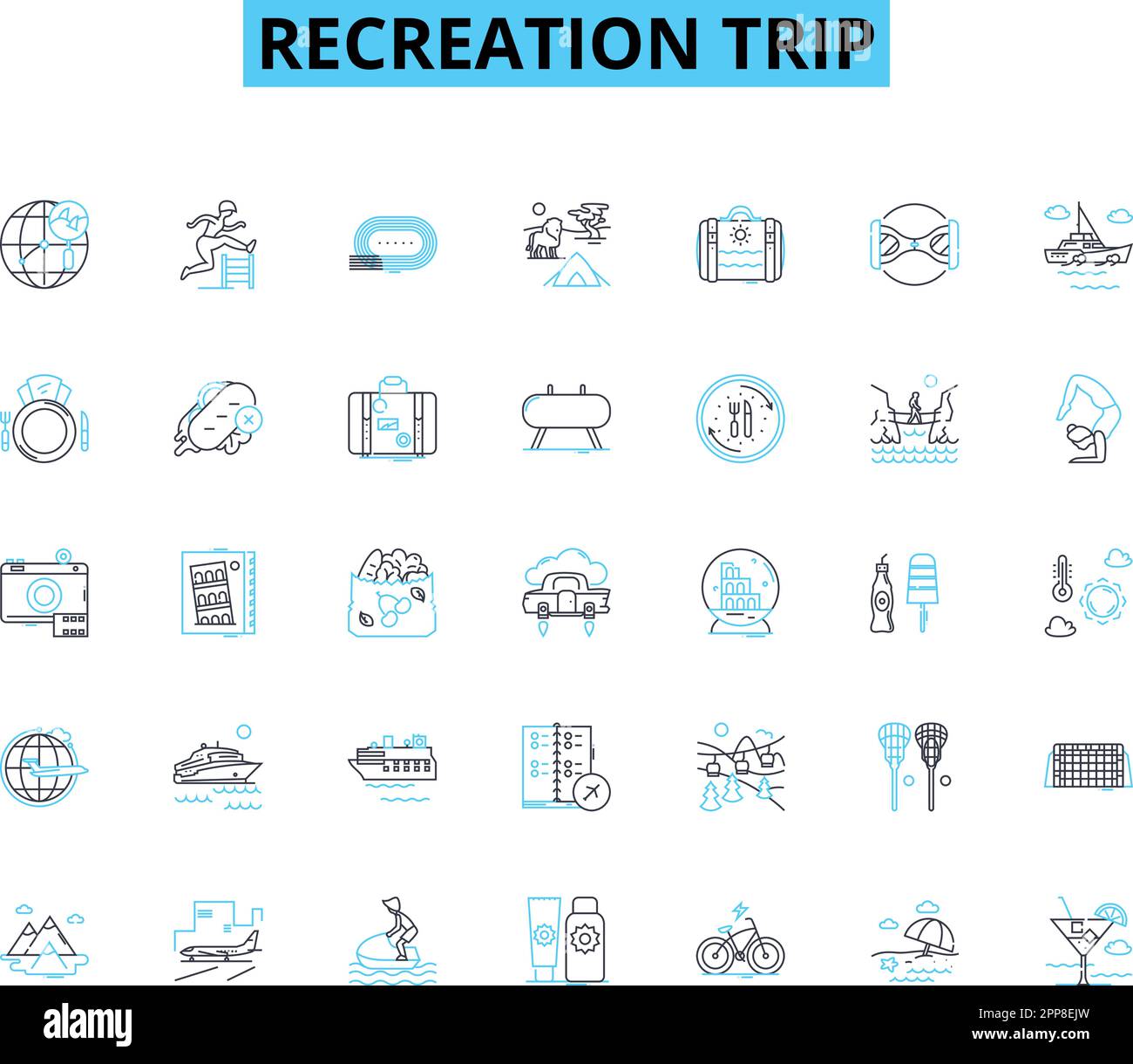 Recreation trip linear icons set. Adventure, Scenic, Relaxing, Exciting ...