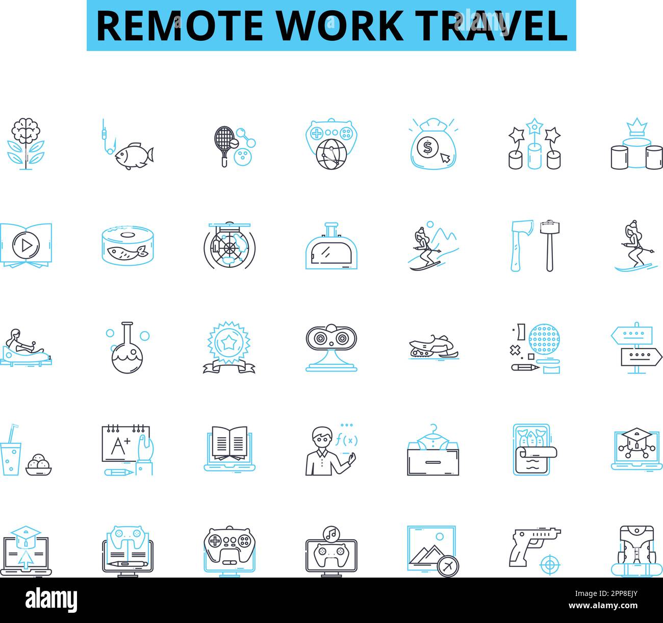 Remote work travel linear icons set. Digitalnomad, Telecommuting, Locationindependent ...