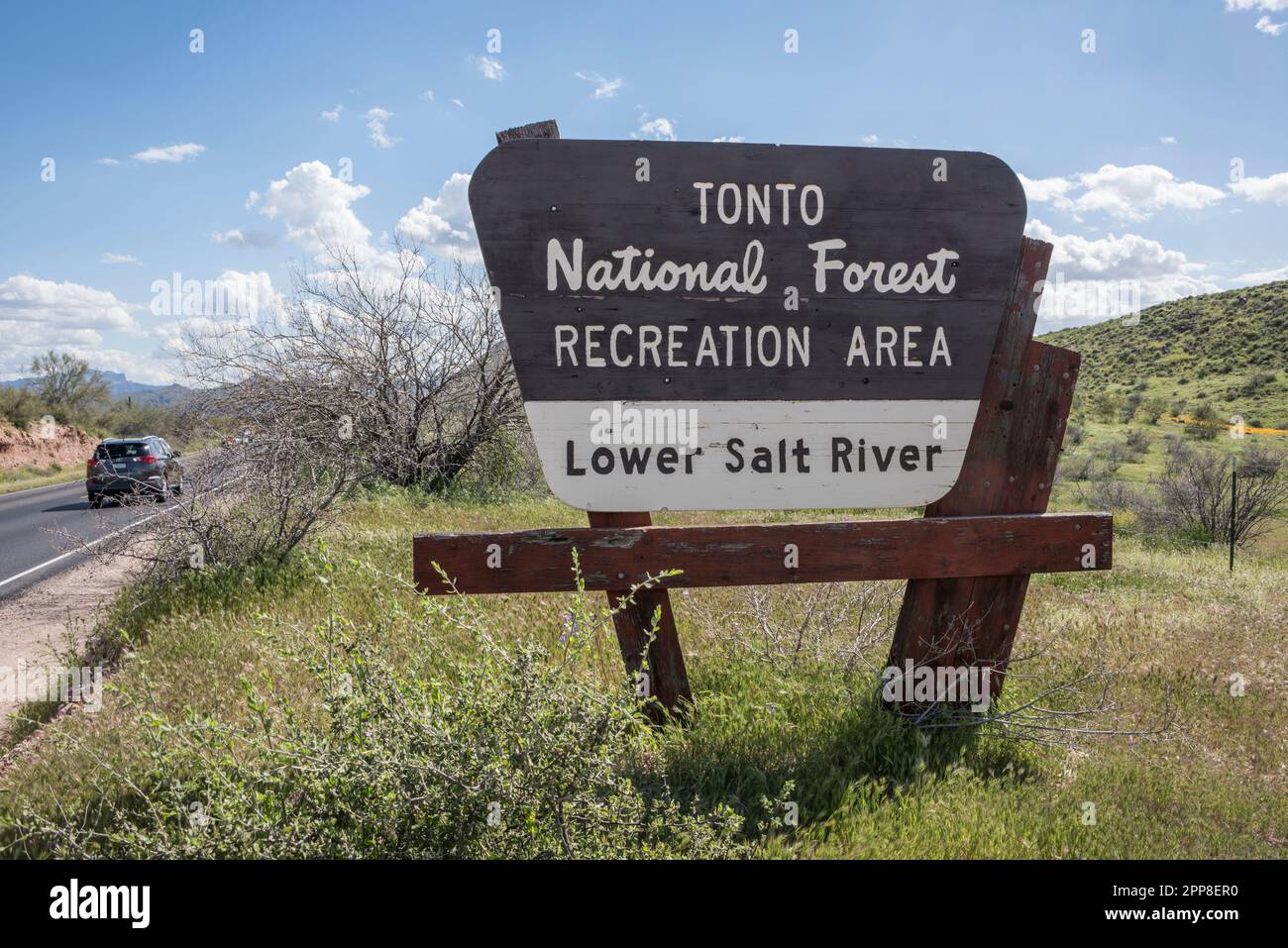 Wooden sign on the Bush Highway along the Lower Salt River, recreation ...