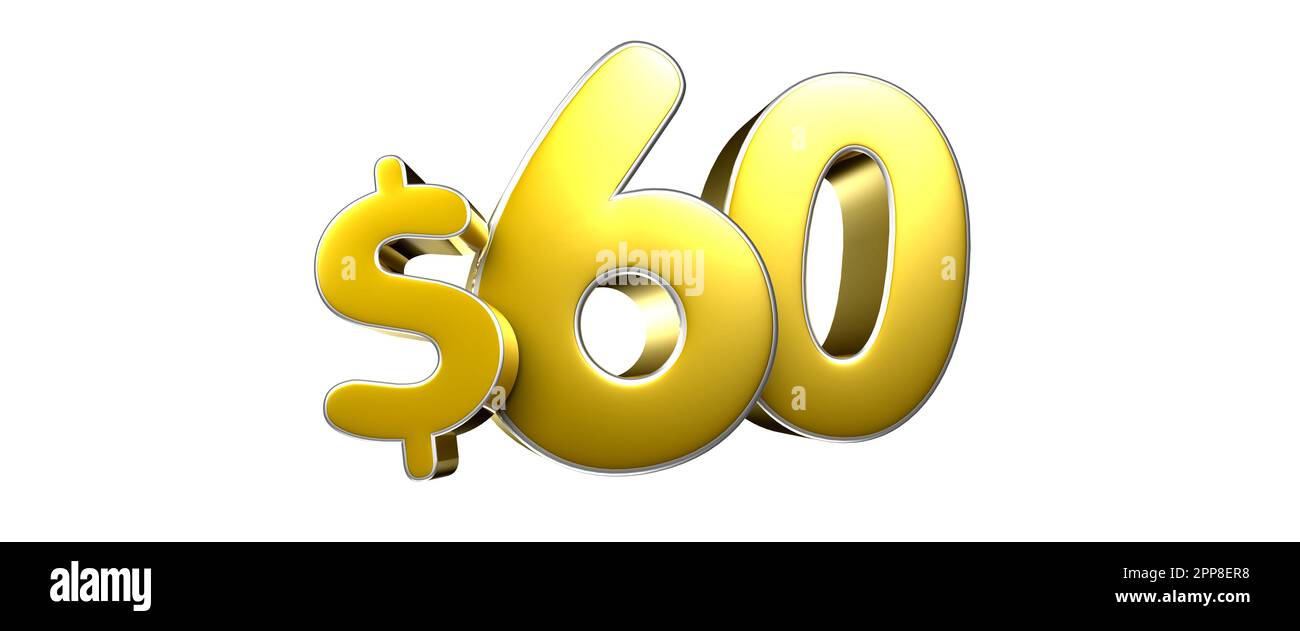 60 dollar figure gold 3D illustration on white background have work ...