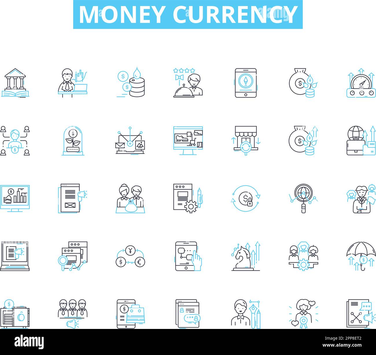Money currency linear icons set. Dollar, Euro, Yen, Pound, Franc, Rupee ...