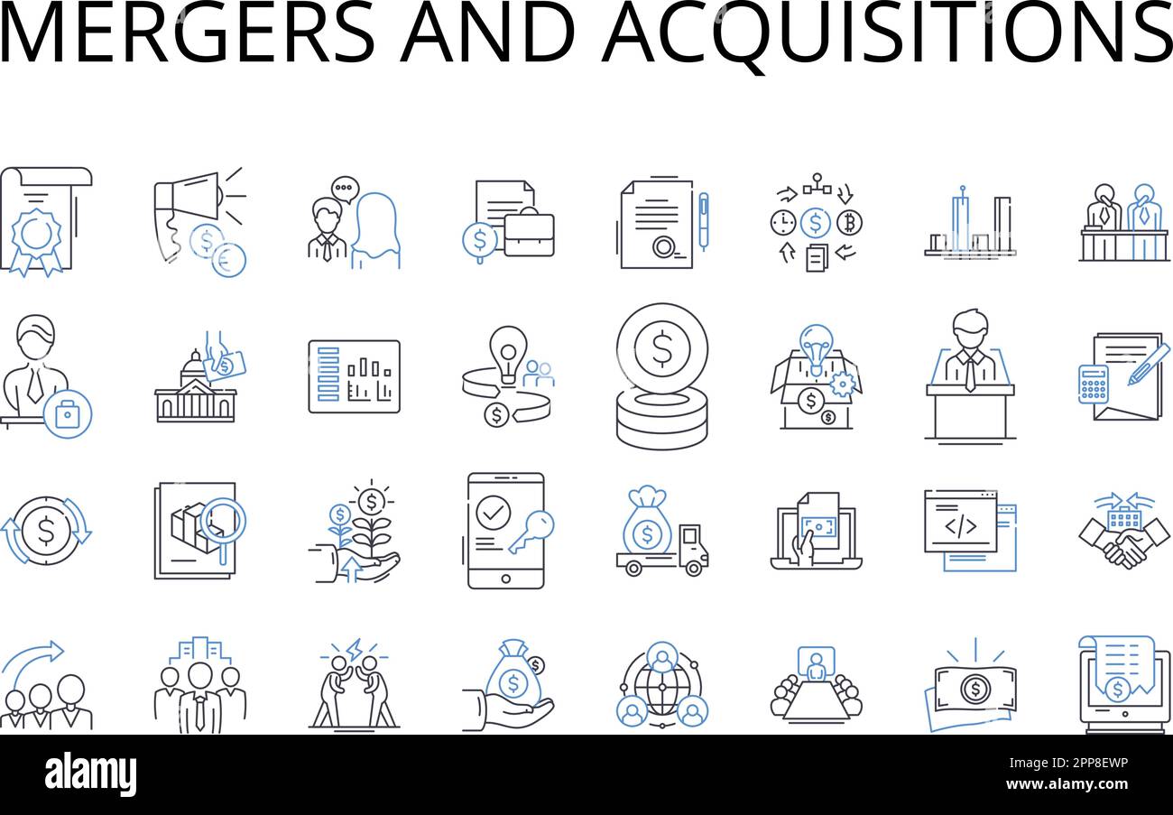 Mergers And Acquisitions Line Icons Collection Consolidation Amalgamation Integration