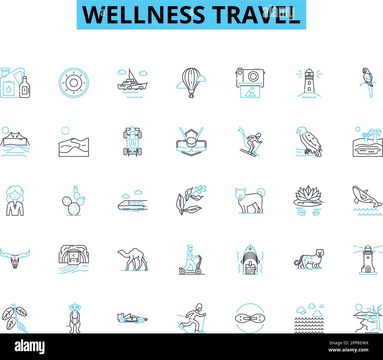 Wellness travel linear icons set. Relaxation, Rejuvenation, Serenity ...